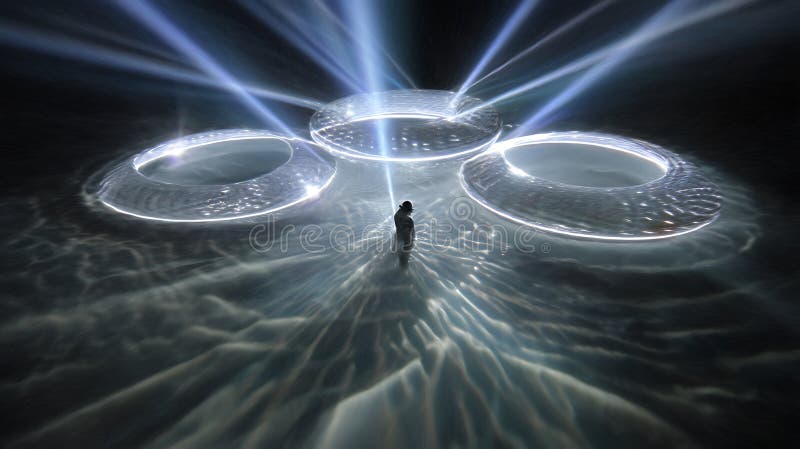 A Person is Standing on a Reflective Surface, Surrounded by Three Large ...
