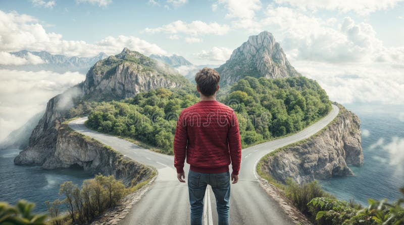 Person Standing on a Road that Splits into Two Paths Stock Illustration ...