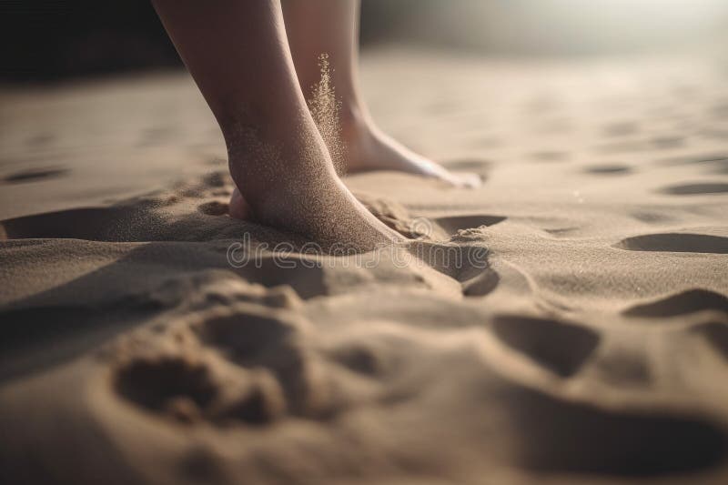 A Person Standing on a Sandy Beach with Their Feet in the Sand Stock ...