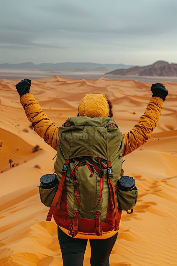 A Person is Standing on a Sandy Desert with a Backpack on and is ...