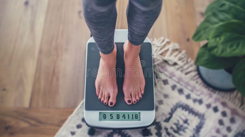 Person Standing on a Scale, Seeing the Numbers Decrease Stock Image ...