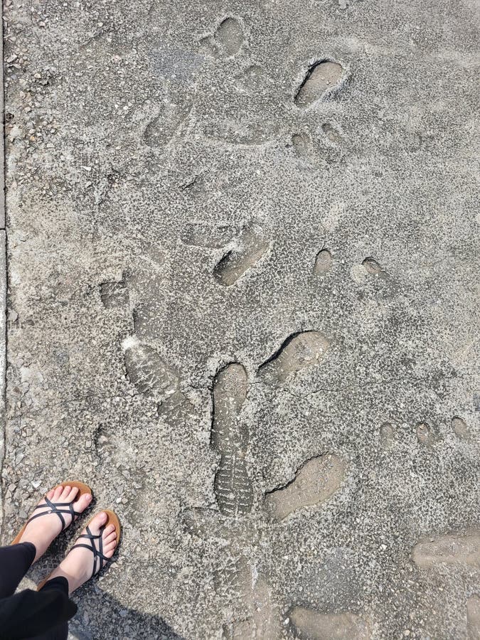 A Person is Standing on a Sidewalk Which Has Footprints on it Stock ...