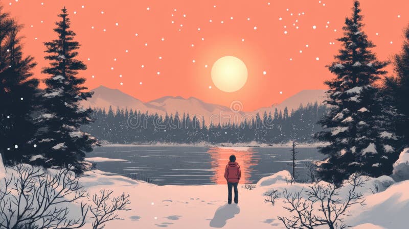 A Person Standing in the Snow Looking at a Lake, AI Stock Photo - Image ...