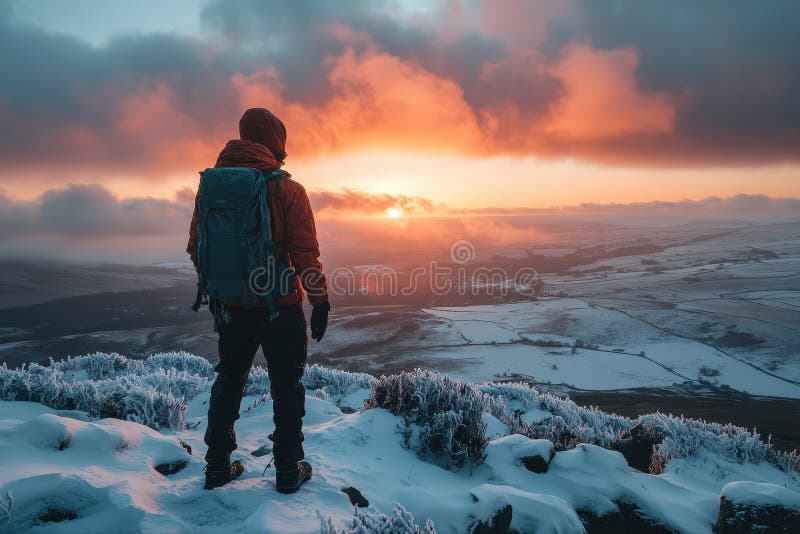 Person Standing on Snowy Mountain Gazing at Dramatic Winter Sunset ...