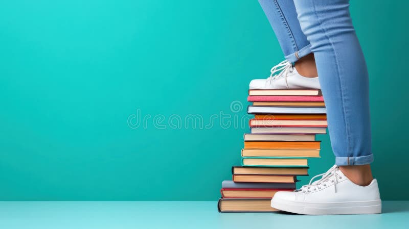 A Person Standing on a Stack of Books with Their Feet in White Shoes ...