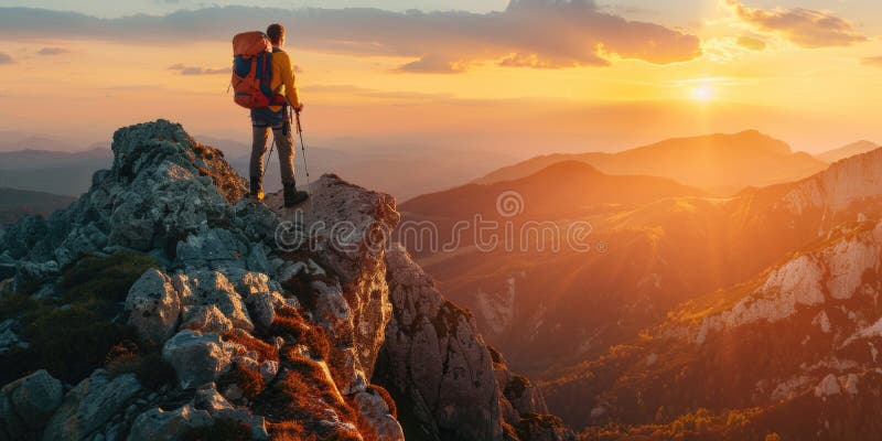 A Person Standing on the Summit of a Mountain, Wearing a Backpack and ...