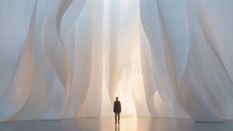 Person Standing in a Surreal, Bright White Structure with Flowing ...