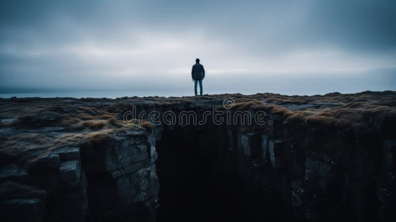 A Person Standing on Top of a Cliff Looking Out Over the Ocean, AI ...