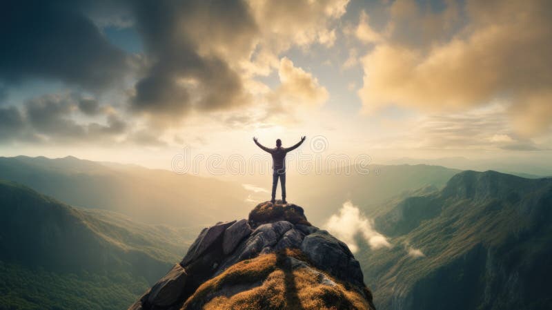 A Person Standing at the Top of a Mountain with Arms Outstretched Stock ...