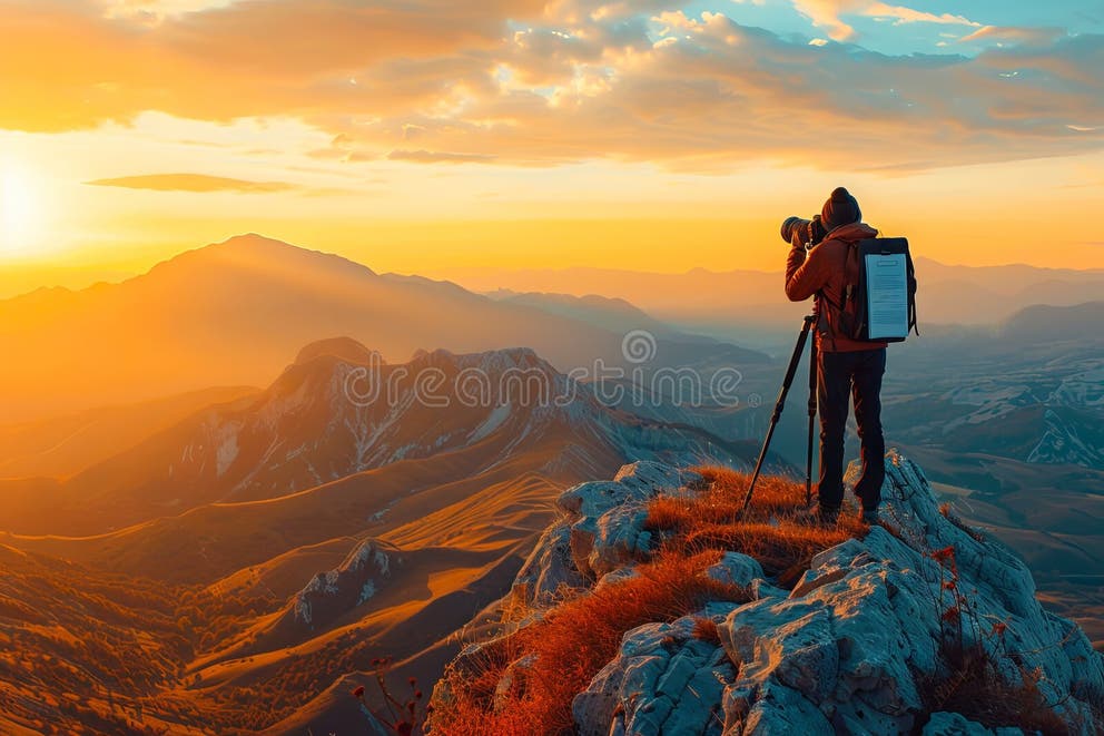 A Person Standing on Top of a Mountain with a Camera Stock Photo ...