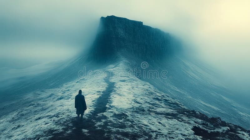 A Person Standing on Top of a Mountain in the Fog Stock Photo - Image ...