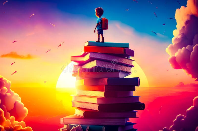 Person Standing on Top of Stack of Books in Front of Sunset. Generative ...