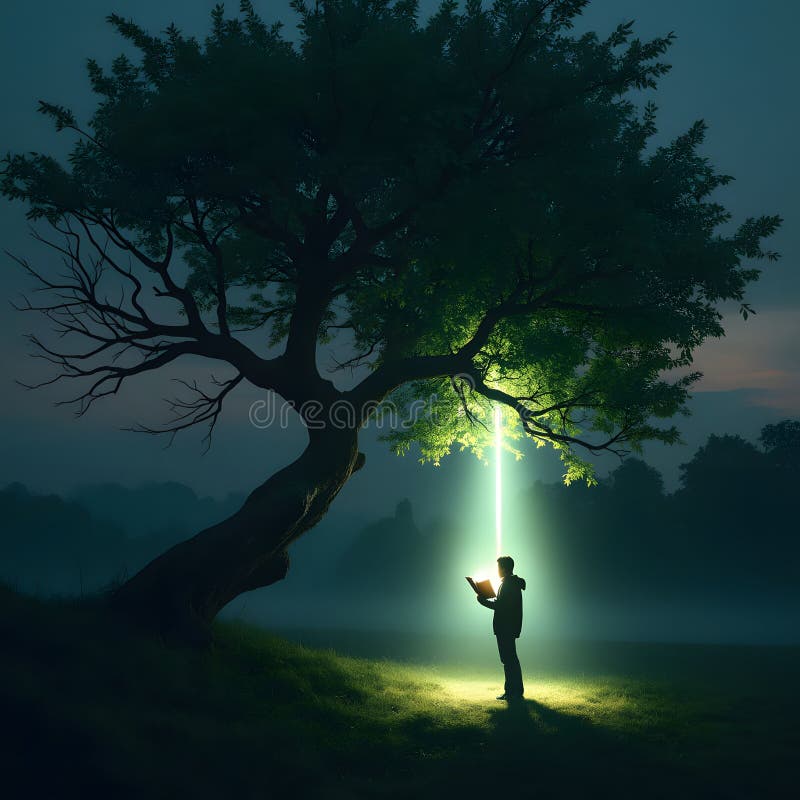 A Person Standing Under a Tree at Night Stock Illustration ...