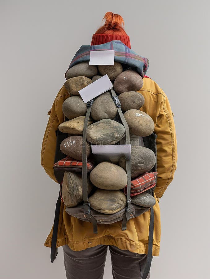 A Person Standing Wearing a Backpack Filled with Stones and Paper Notes ...