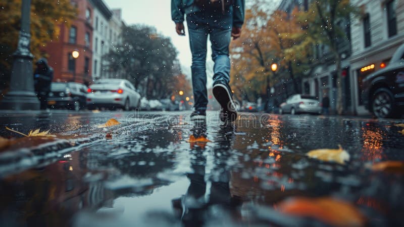 Person Standing on Wet Sidewalk in Rain Stock Image - Image of pavement ...
