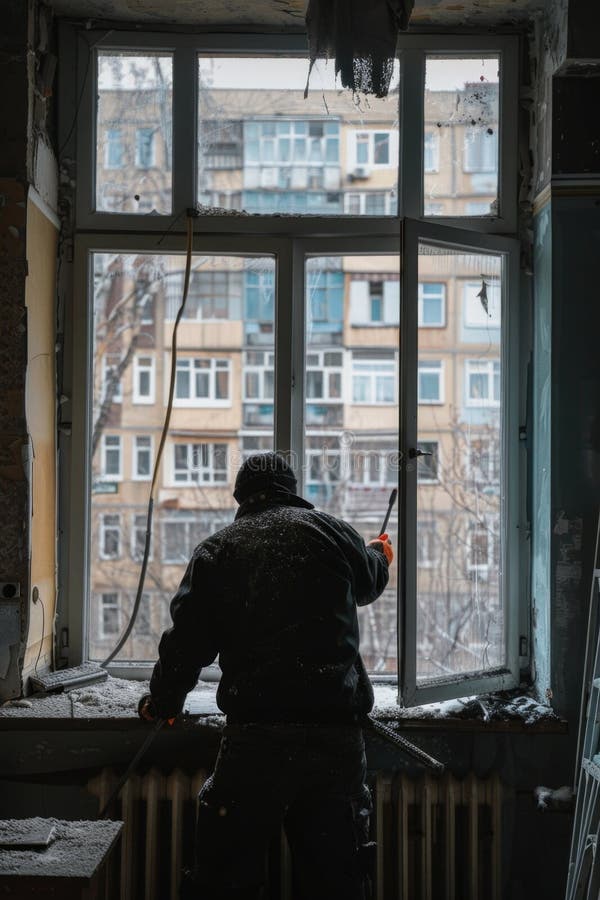 A Person Standing by a Window with a City View, Suitable for Use in ...