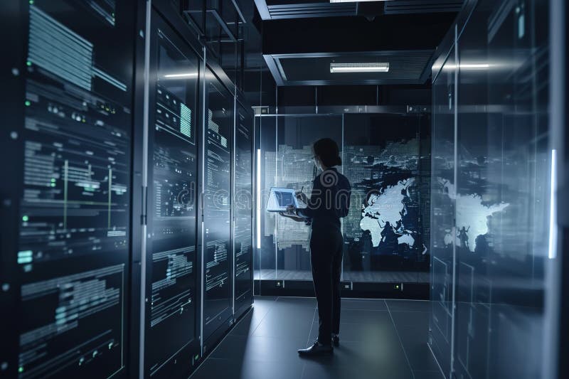 Person Standing and Working on Cyber Futuristic Device and Clouds ...