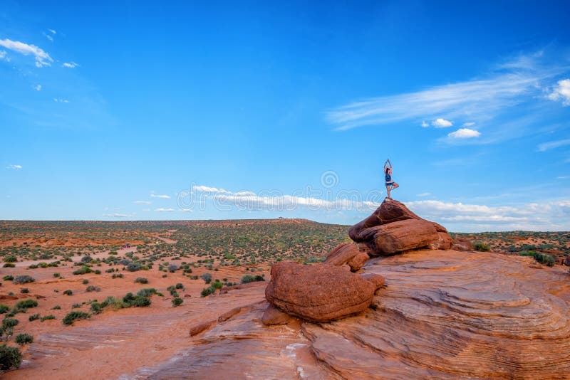 Person Standing Yoga Pose on Top of Rock Stock Photo - Image of ...