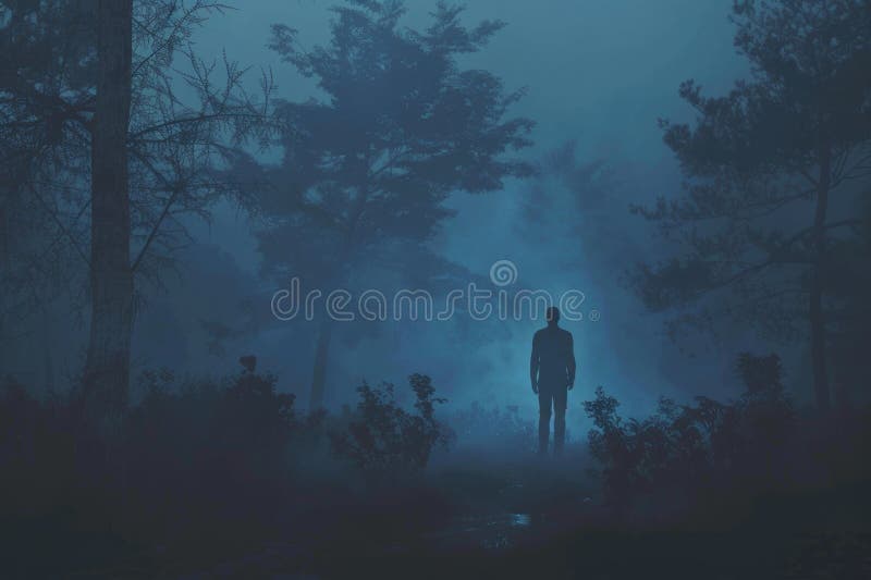 A Person Stands Alone in a Dense Forest at Night, Surrounded by ...