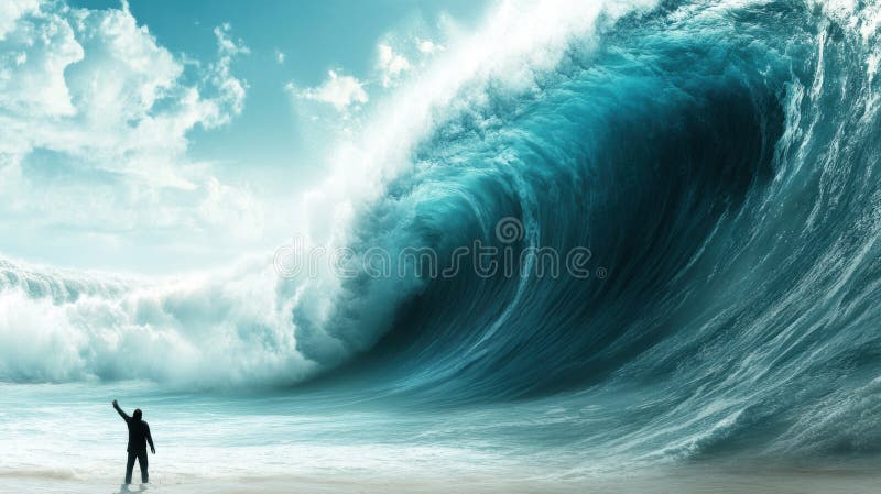 A Person Stands on a Beach, Facing a Massive, Towering Wave Under a ...
