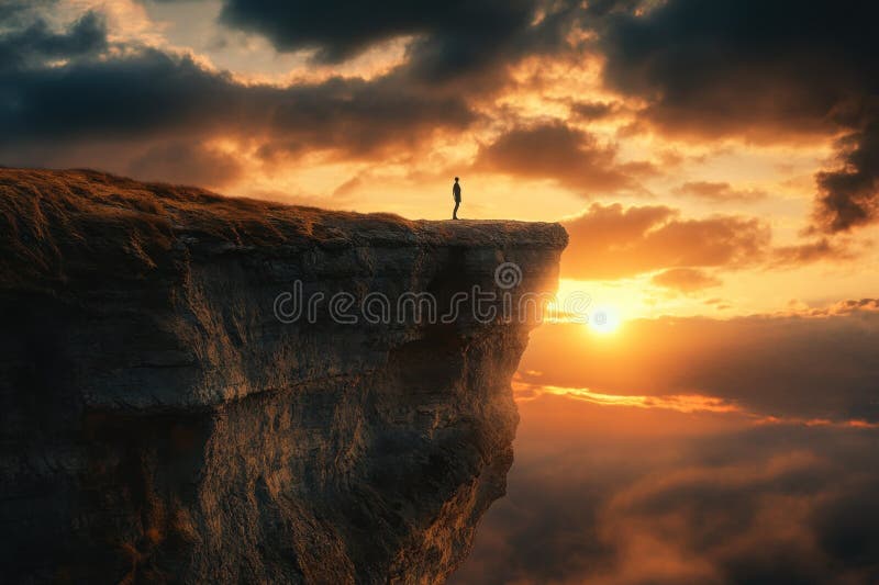 Person Stands on a Cliff Edge during Sunset with Dramatic Clouds in the ...