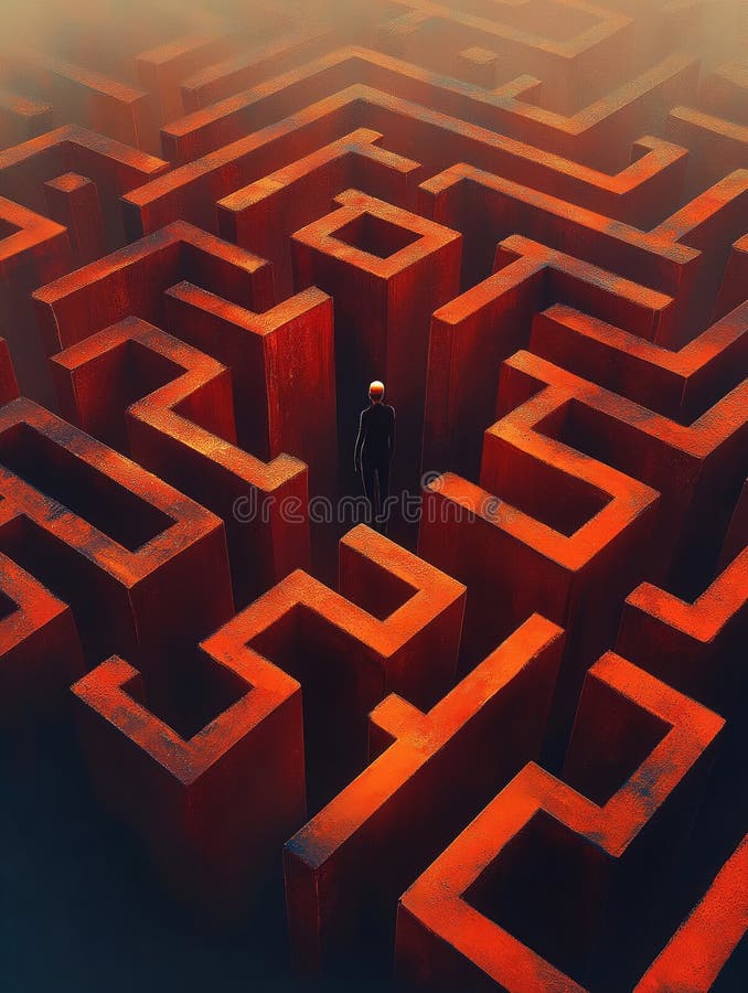 Person Stands in Complex Maze Representing Mental Pathways. Complex ...