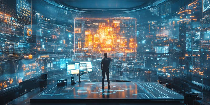 A Person Stands in a Control Room, Surrounded by Screens Displaying ...