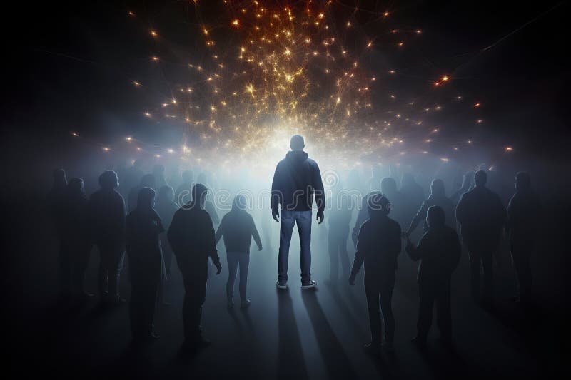 A Person Stands Facing a Bright, Explosive Light Amidst Silhouetted ...