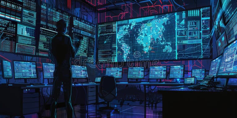 A Hacker in a Dark Room with Multiple Screens Displaying Code and a World Map Stock Illustration ...