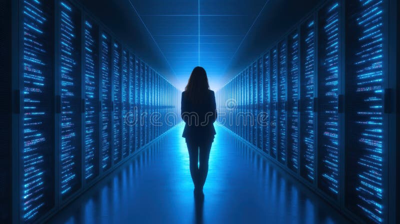 Person Stands in Glowing Data Center Corridor, Surrounded by Servers ...