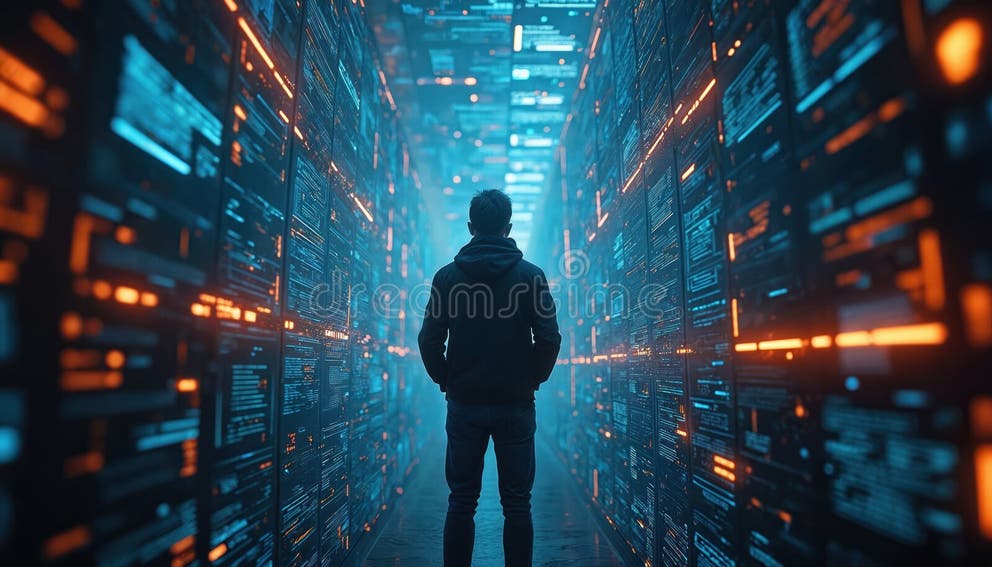 Person Stands in Glowing Digital Data Stream Corridor. Illustrates ...