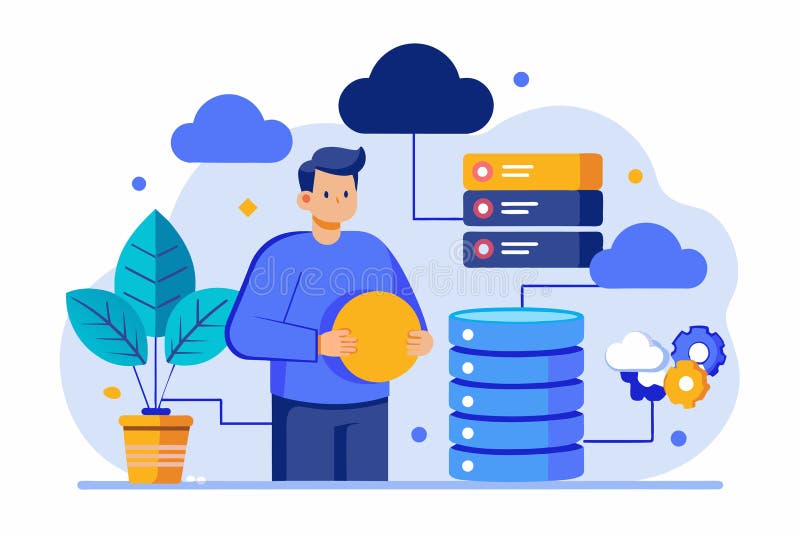 A Person Stands Holding a Round Object with Cloud Storage Elements and ...