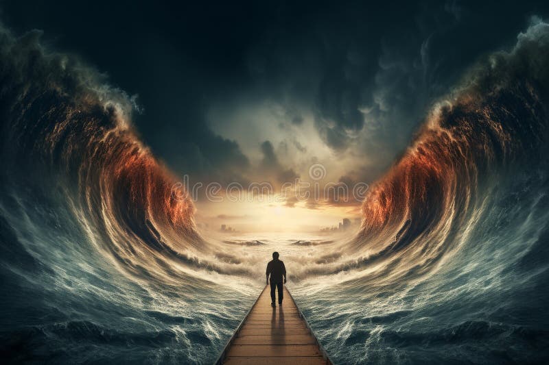 Man Facing a Dramatic Ocean Wave Stock Illustration - Illustration of ...