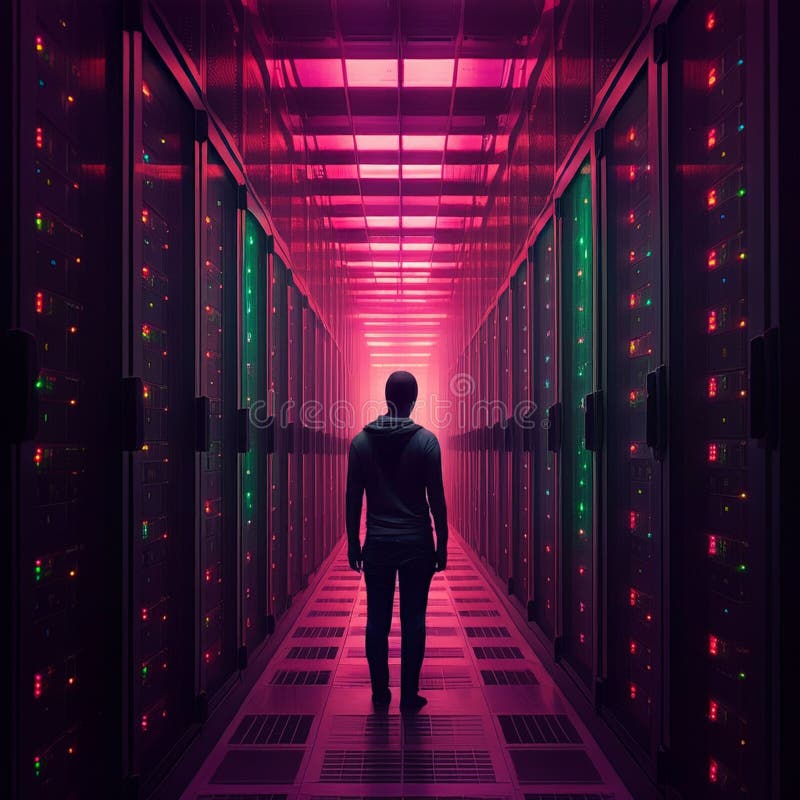 A Person Stands in a Server Room Corridor, Surrounded by Rows of ...
