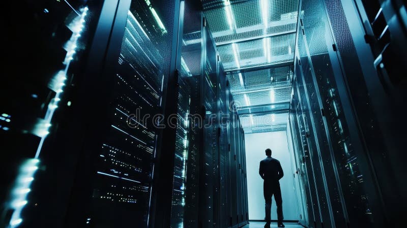 A Person Stands in a Server Room, Surrounded by Rows of Illuminated ...
