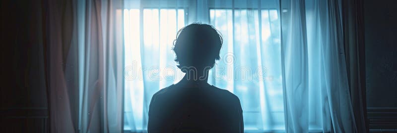 A Person Stands Silhouetted Against a Window, Looking Out with a ...