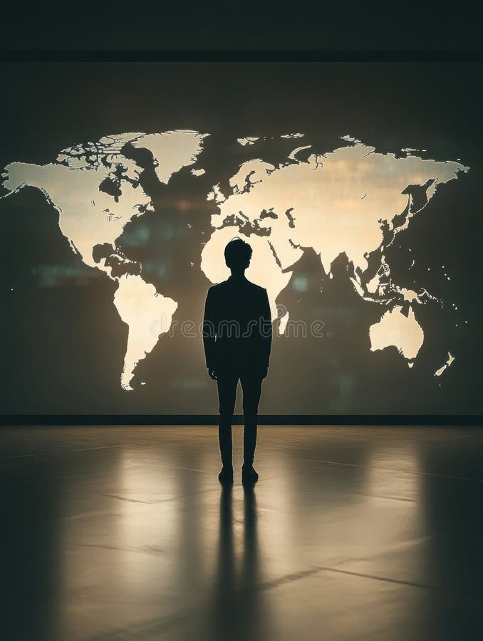 Silhouette of a Person Observing a Glowing World Map in a Minimal Light ...