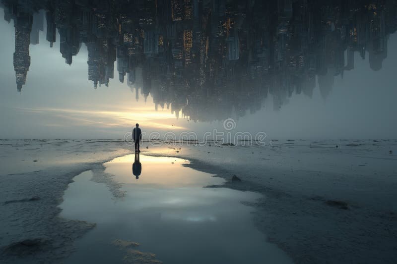 Person Staring into Puddle Reflecting Inverted Floating City and Gravity-Free Objects Stock ...