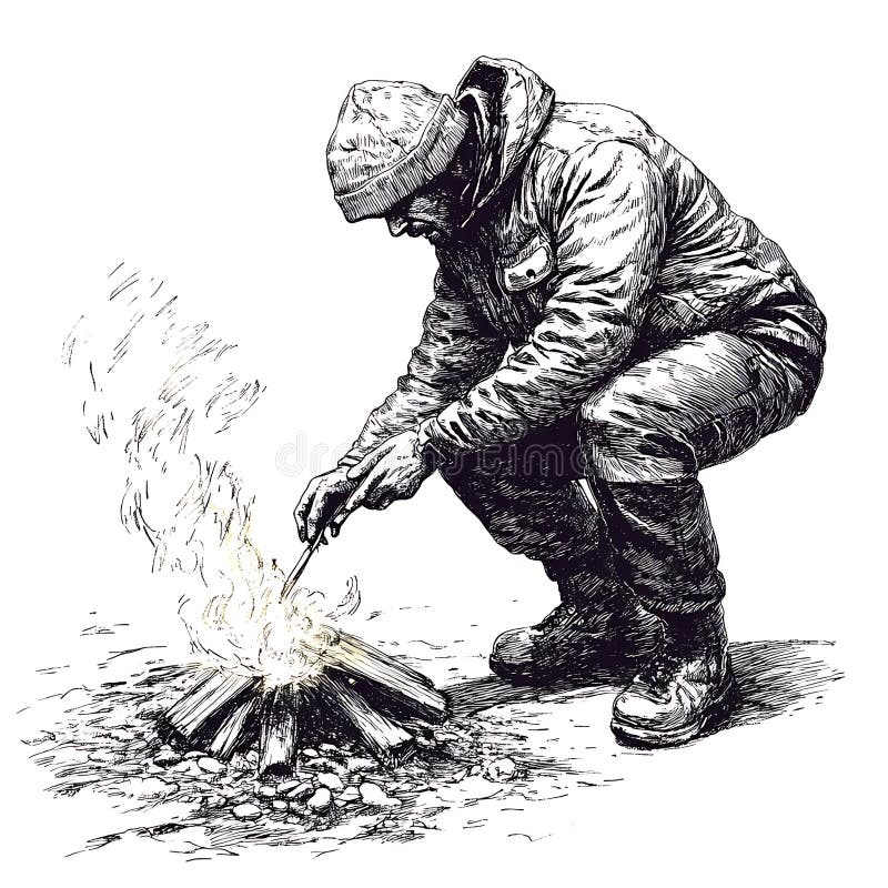 Person Starting a Campfire in Winter Stock Illustration - Illustration ...