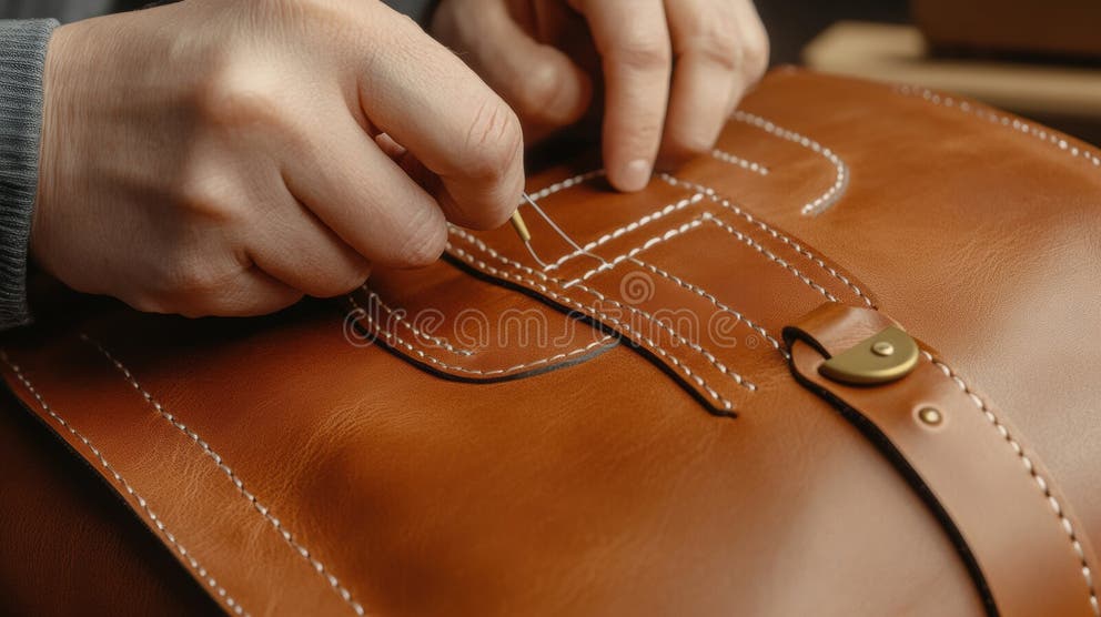 A Person is Stitching a Leather Bag with Thread, AI Stock Image - Image ...