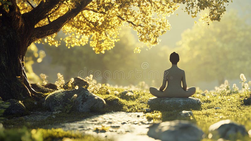 Person Stool Meditating Under Tree in Serene Forest Setting Stock Image ...
