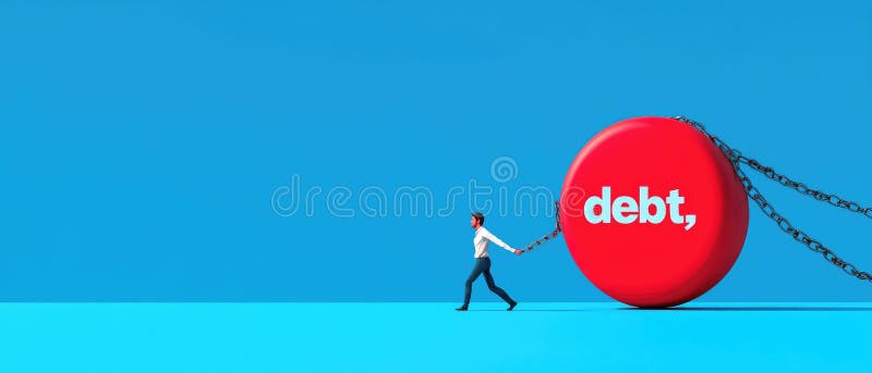 A Person Struggles To Pull a Large Red Weight Labeled Debt, Symbolizing ...
