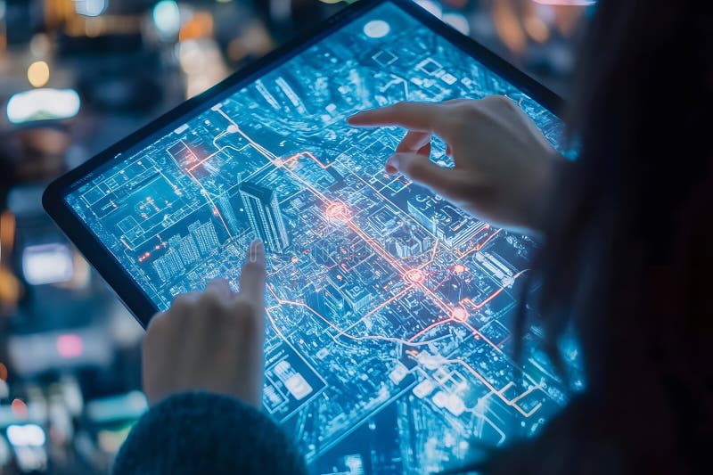 Person Studies Augmented Reality City Map, Digital Information in ...