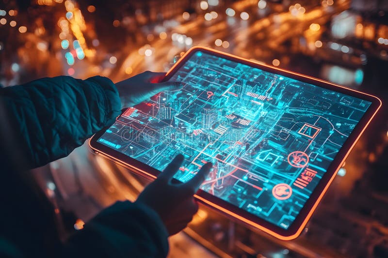 Person Studies Augmented Reality City Map, Digital Information in ...