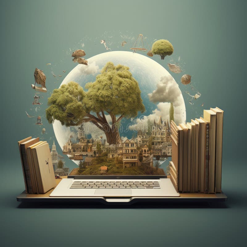 A Person Studies with a Laptop. E-learning Stock Illustration ...