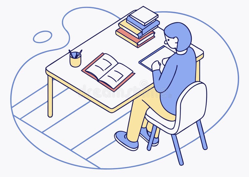Person Studying at Desk with Books. Focused Learning, Vector Design ...
