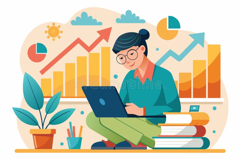 A Person is Studying Growth Charts and Analyzing Data Using a Laptop Surrounded by Books and ...