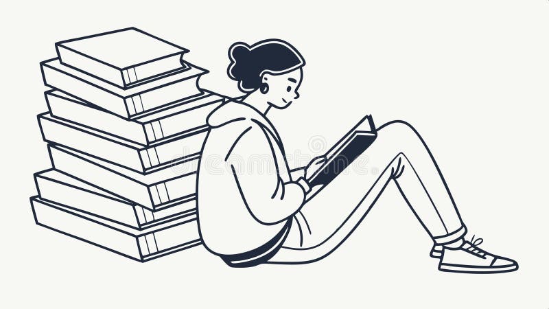 Person Studying Intensely Seated with a Tall Stack of Books Vector ...