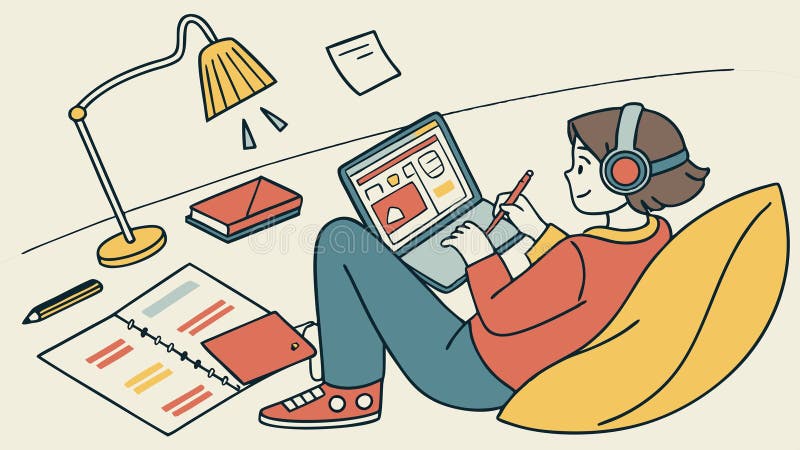 Person Studying with Tablet on Beanbag, E-learning, Vector Design ...