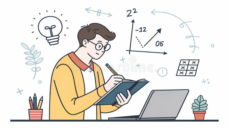Person Studying and Taking Notes with Laptop and Math Doodles Stock ...